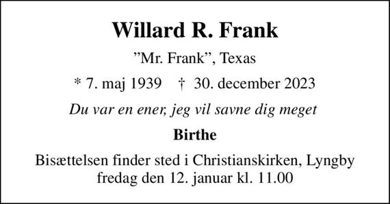 Willard R. Frank | Dødsannoncer i Danmark