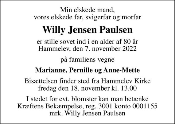Willy Jensen Paulsen | Dødsannoncer i Danmark