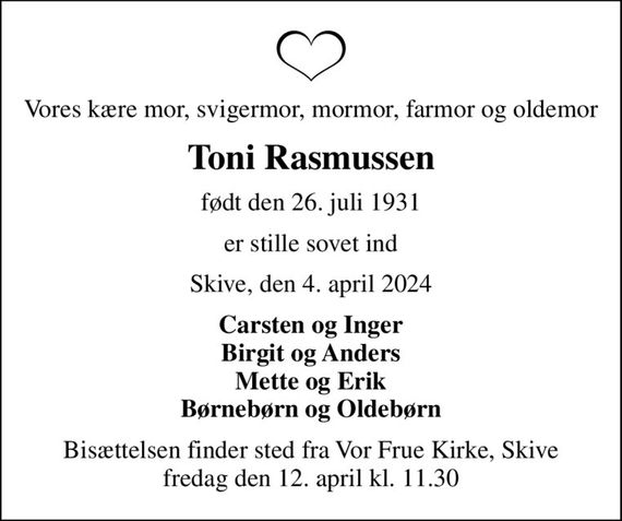 Toni Rasmussen | Dødsannoncer i Danmark