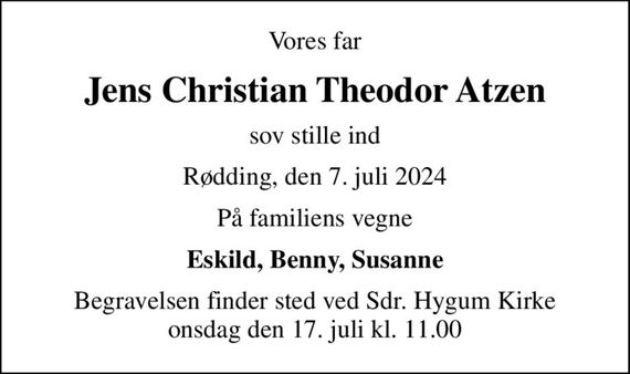 Jens Christian Theodor Atzen | Dødsannoncer i Danmark
