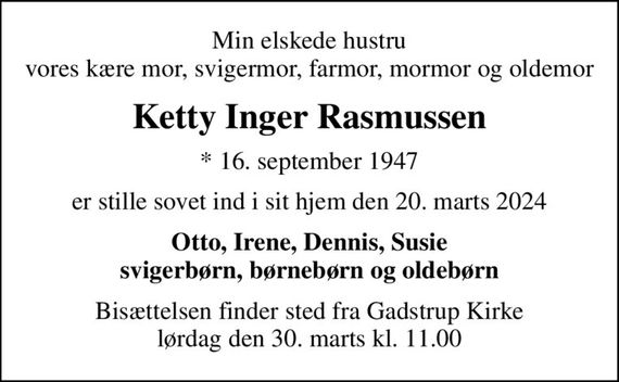 Ketty Inger Rasmussen | Dødsannoncer i Danmark