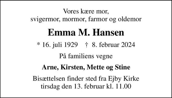 Emma M. Hansen | Dødsannoncer i Danmark