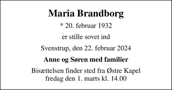 Maria Brandborg | Dødsannoncer i Danmark