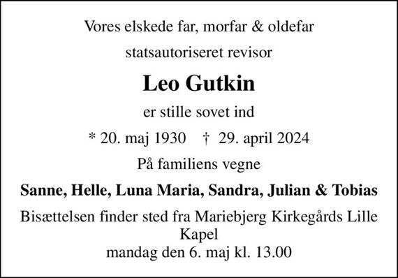 Leo Gutkin | Dødsannoncer i Danmark