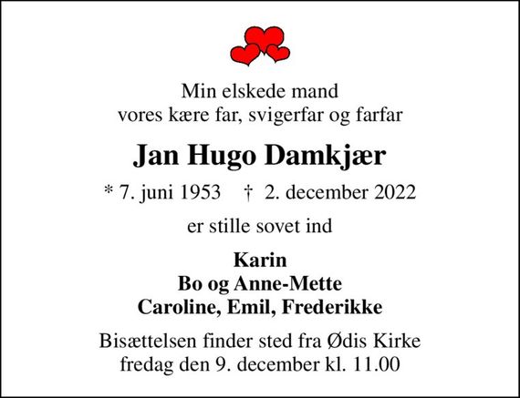 Jan Hugo Damkjær | Dødsannoncer i Danmark