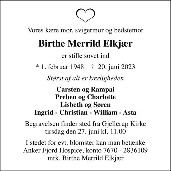 Birthe Merrild Elkjær | Dødsannoncer i Danmark