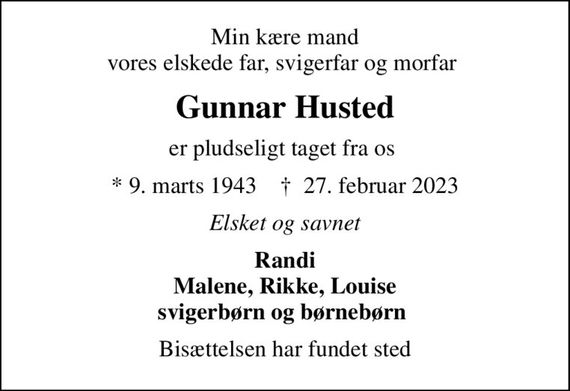 Gunnar Husted | Dødsannoncer i Danmark