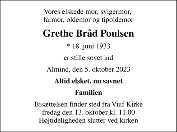Grethe Bråd Poulsen | Dødsannoncer i Danmark