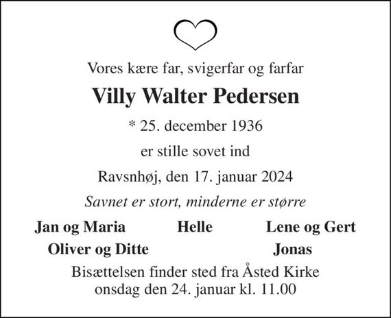 Villy Walter Pedersen | Dødsannoncer i Danmark