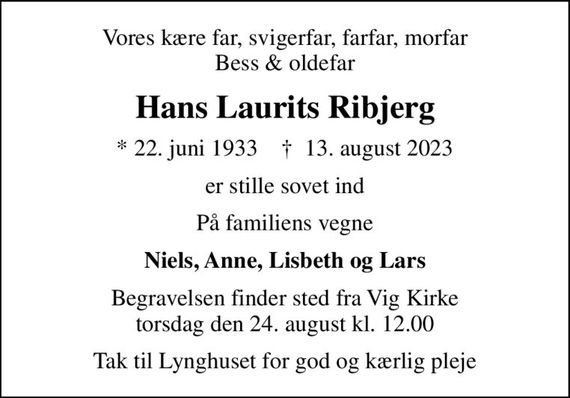 Hans Laurits Ribjerg | Dødsannoncer i Danmark