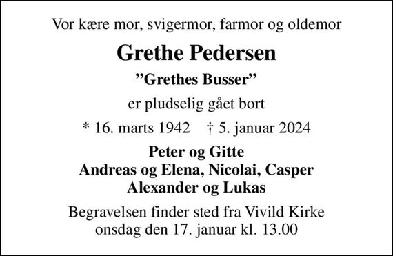 Grethe Pedersen | Dødsannoncer i Danmark