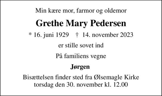 Grethe Mary Pedersen | Dødsannoncer i Danmark