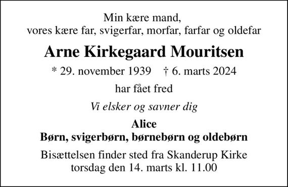 Arne Kirkegaard Mouritsen | Dødsannoncer i Danmark