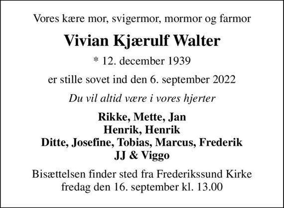 Vivian Kjærulf Walter | Dødsannoncer i Danmark