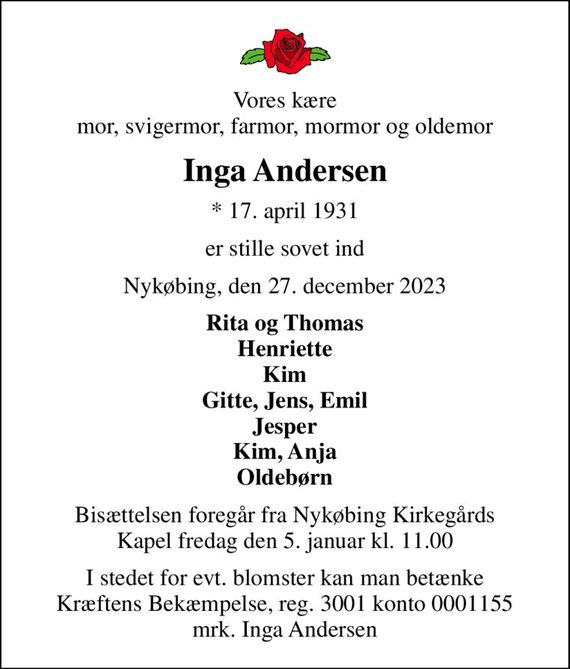 Inga Andersen | Dødsannoncer i Danmark