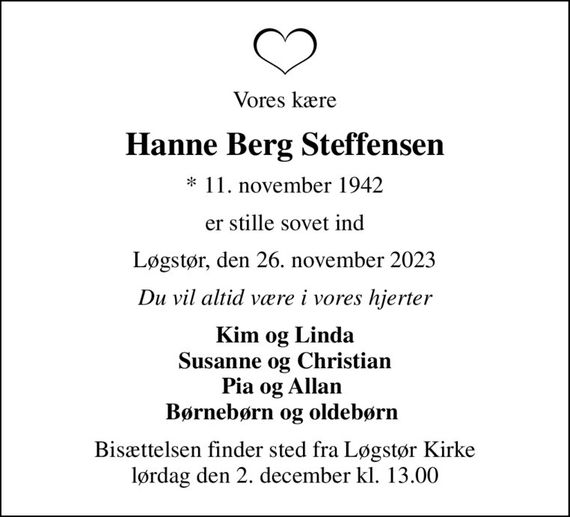 Hanne Berg Steffensen | Dødsannoncer i Danmark