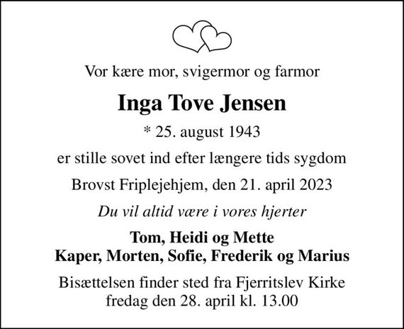 Inga Tove Jensen Dødsannoncer I Danmark