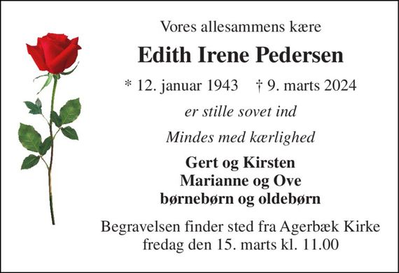 Edith Irene Pedersen | Dødsannoncer i Danmark