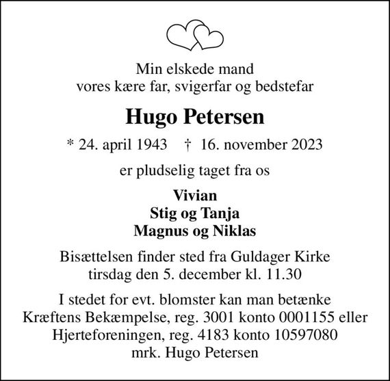 Hugo Petersen | Dødsannoncer i Danmark
