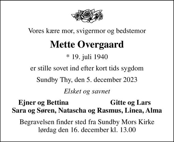 Mette Overgaard | Dødsannoncer i Danmark