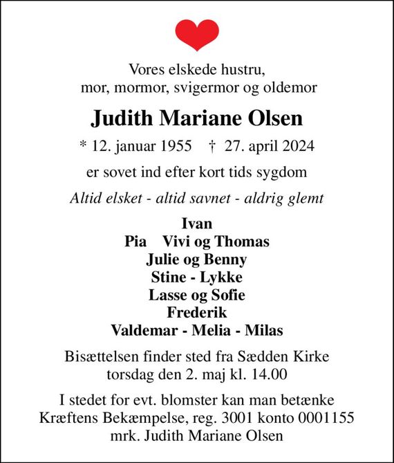 Judith Mariane Olsen | Dødsannoncer i Danmark