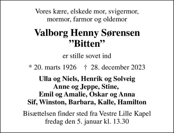Valborg Henny Sørensen | Dødsannoncer i Danmark