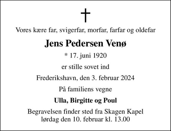 Jens Pedersen Venø | Dødsannoncer i Danmark