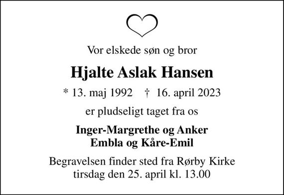 Hjalte Aslak Hansen | Dødsannoncer i Danmark