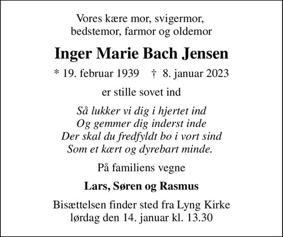Inger Marie Bach Jensen | Dødsannoncer i Danmark