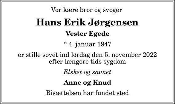 Hans Erik Jørgensen | Dødsannoncer i Danmark