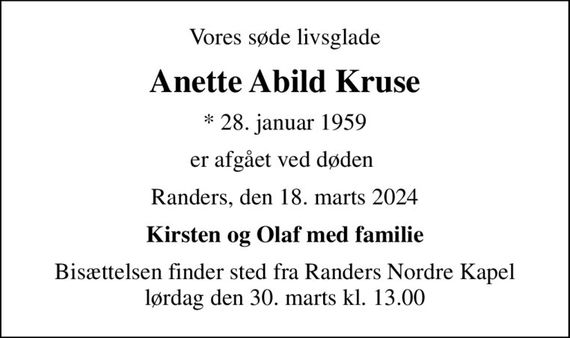 Anette Abild Kruse | Dødsannoncer i Danmark