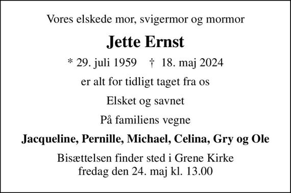 Jette Ernst | Dødsannoncer i Danmark