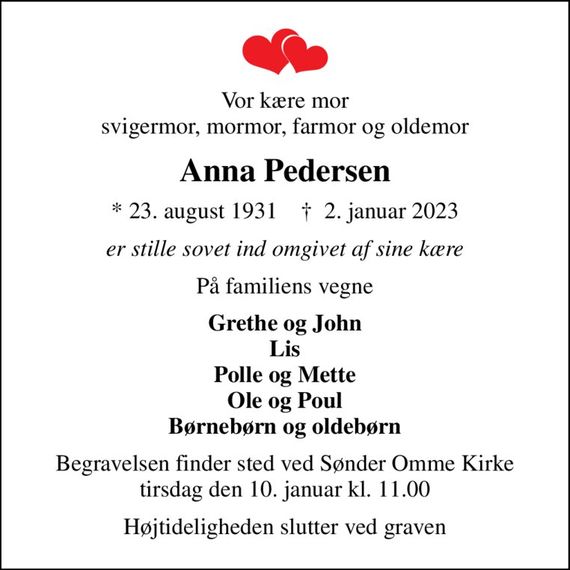 Anna Pedersen | Dødsannoncer i Danmark