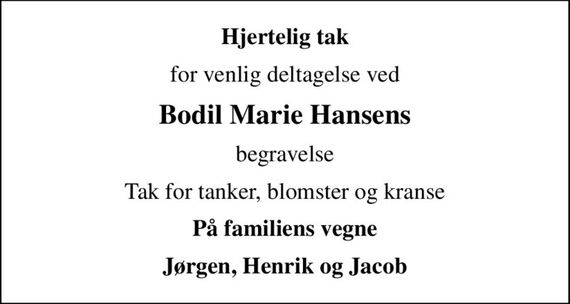 Bodil Marie Hansen | Dødsannoncer i Danmark
