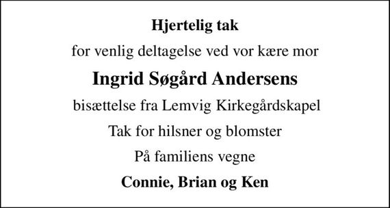 Ingrid Søgård Andersen | Dødsannoncer i Danmark