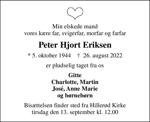 Peter Hjort Eriksen | Dødsannoncer i Danmark