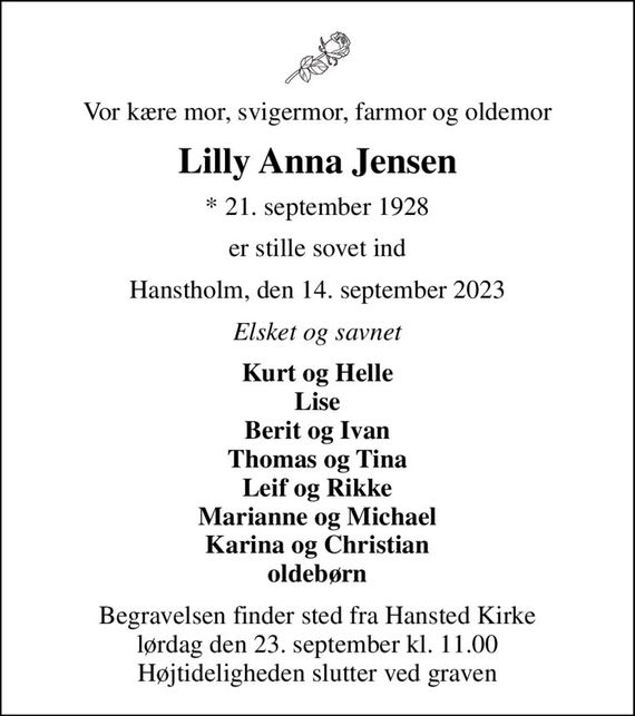 Lilly Anna Jensen | Dødsannoncer i Danmark