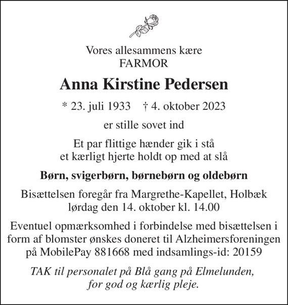 Anna Kirstine Pedersen | Dødsannoncer i Danmark