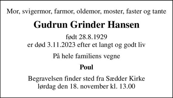 Gudrun Grinder Hansen | Dødsannoncer i Danmark