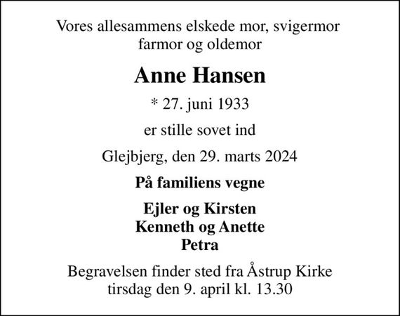 Anne Hansen | Dødsannoncer i Danmark