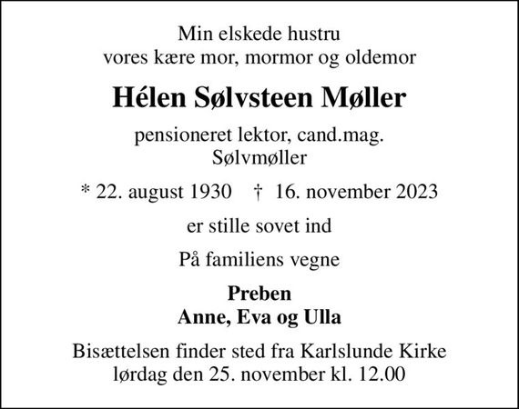 Hélen Sølvsteen Møller | Dødsannoncer i Danmark