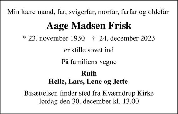 Aage Madsen Frisk | Dødsannoncer i Danmark
