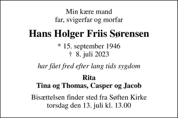 Hans Holger Friis Sørensen | Dødsannoncer i Danmark