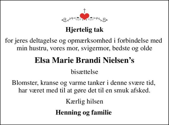 Elsa Marie Brandi Nielsen | Dødsannoncer i Danmark