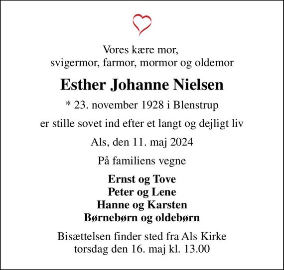 Esther Johanne Nielsen | Dødsannoncer i Danmark