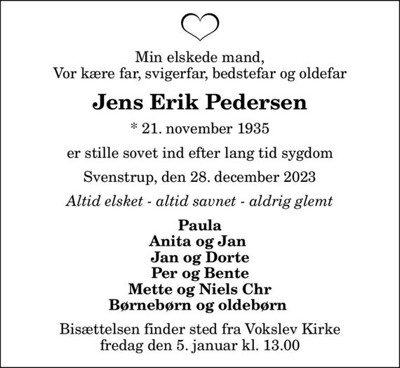 Jens Erik Pedersen | Dødsannoncer i Danmark