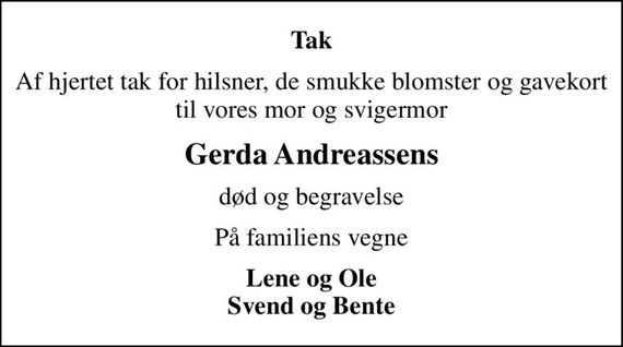 Gerda Hansen Andreassen | Dødsannoncer i Danmark