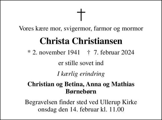 Christa Christiansen | Dødsannoncer i Danmark