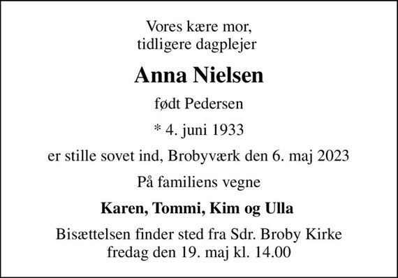 Anna Nielsen | Dødsannoncer i Danmark