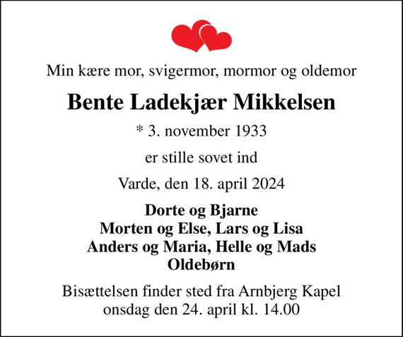 Bente Ladekjær Mikkelsen | Dødsannoncer i Danmark